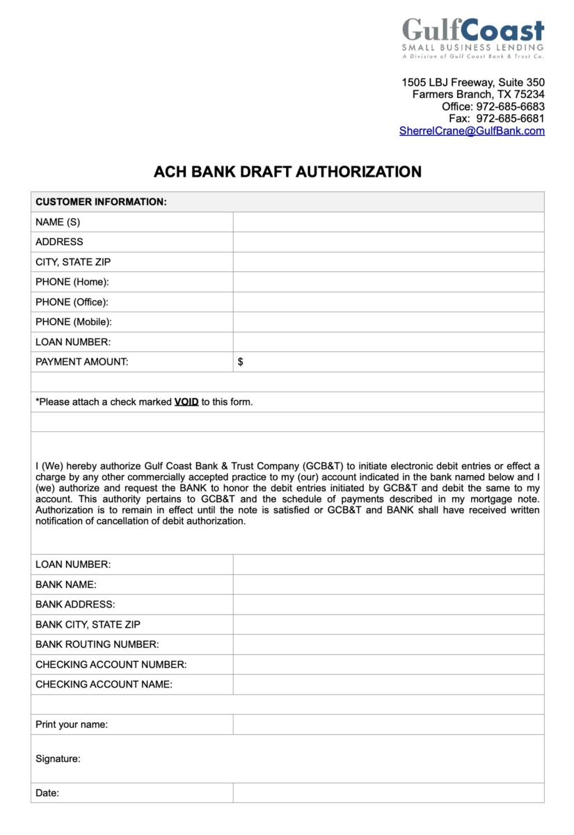 ACH Bank Draft Authorization GCSBL - Gulf Coast Small Business Lending